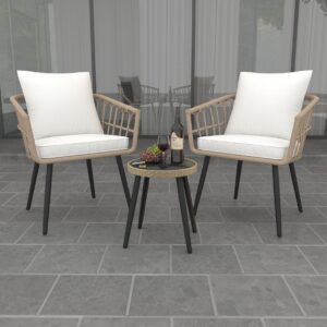 3 Pieces Patio Bistro Set All-Weather Wicker Ratan Conversation Set Outdoor Furniture Chairs w Glass Top Coffee Table and 2 Thick Cushions for Porch Backyard Lawn Poolside (White Cushion)