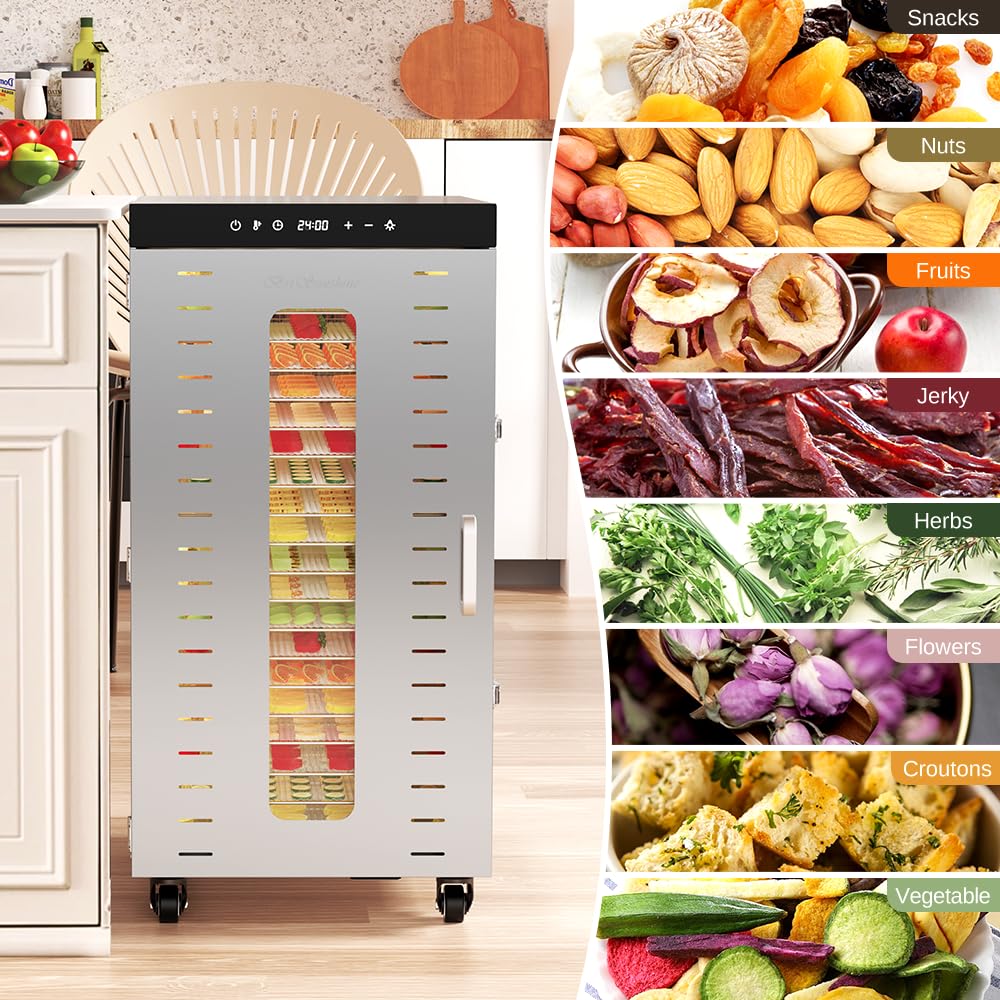 BriSunshine Commercial Dehydrator, 20-Layer Food Dehydrator with LED Light, 1600W, 24H Timer, Large Food Dryer Dehydrated for Homemade Jerky, Fruits, Dog Treats, Vegetables, Herbs, and Snacks