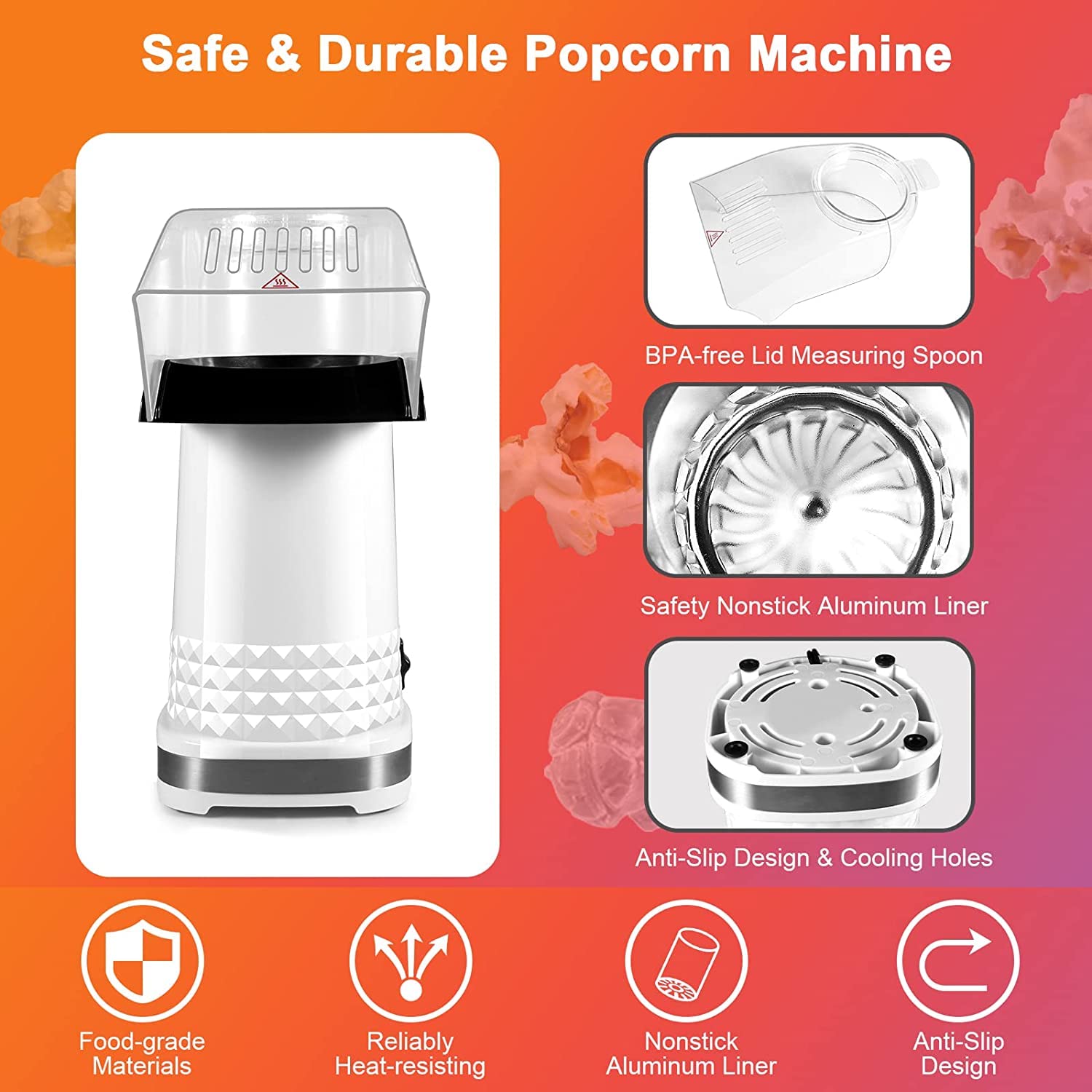 Popcorn Machine High Popping Rate, 2Min Fast Popping Air Popper Popcorn Maker, No Oil, BPA-Free Mini Popcorn Machine with ETL Certified, Popcorn Poppers for Home, 1200w 4.5 Quarts