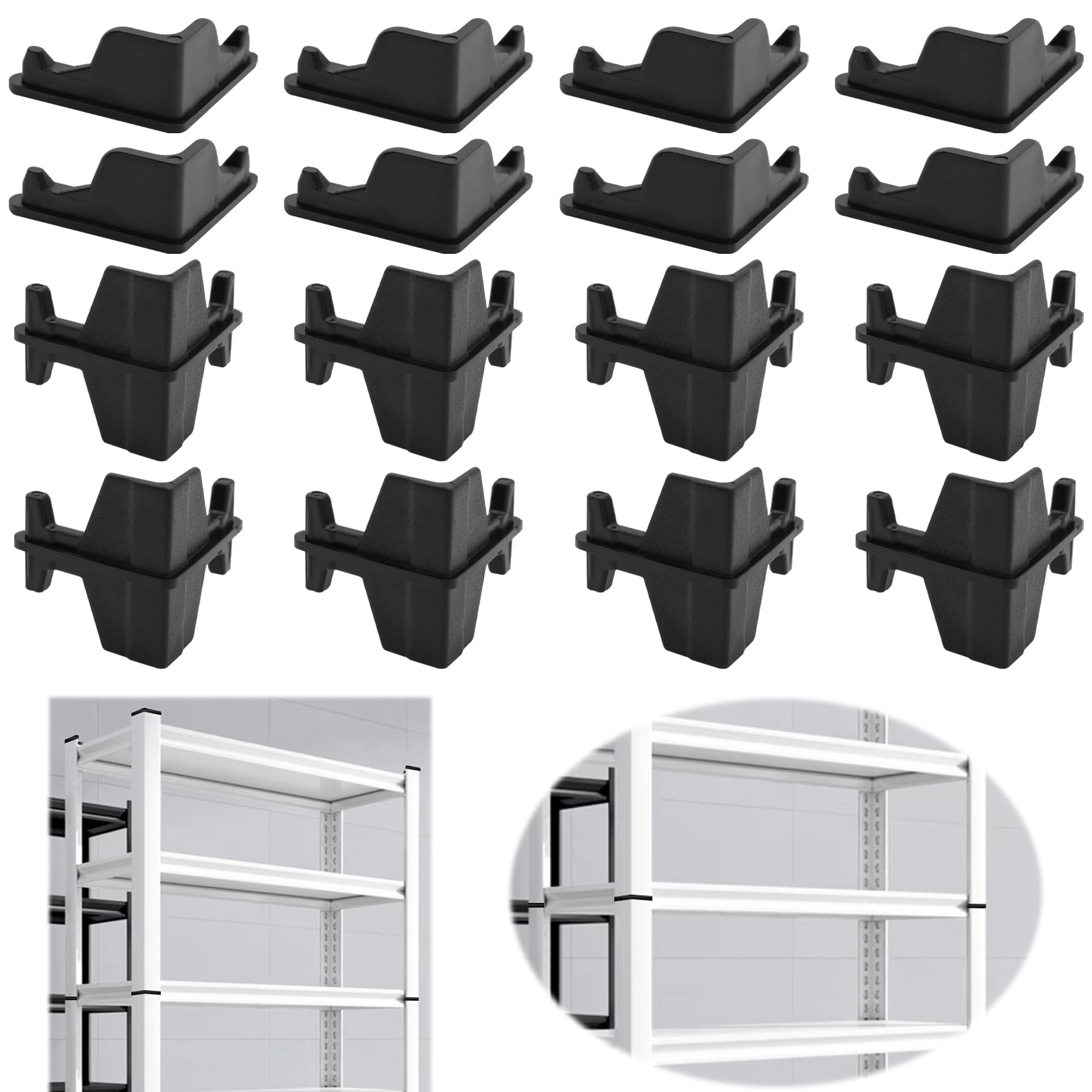 Terixe 16 Pcs Post Inserts Connectors for Whalen and Costco 5 Shelf Heavy Duty Shelving Unit - PP Plastic, Injection Molded, Sturdy Support - Black, Includes 8 Post Corner Connectors and 8 Post Caps