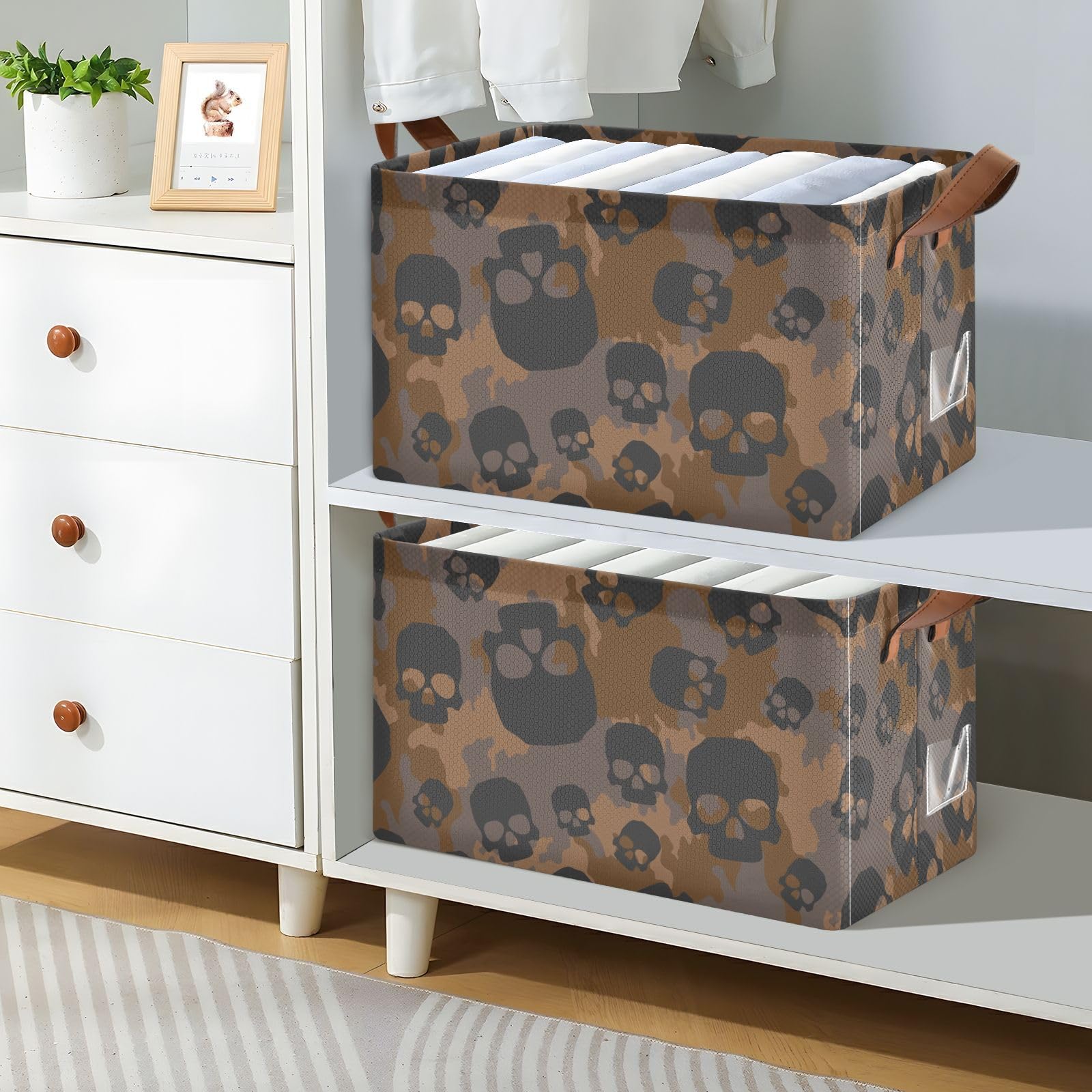 Skulls Camouflage Halloween Storage Bins for Shelves Waterproof Closet Storage Organizer with Leather Handles Foldable Storage Baskets Box for Organization Clothes Blankets 16.9x11.4x10 Inch