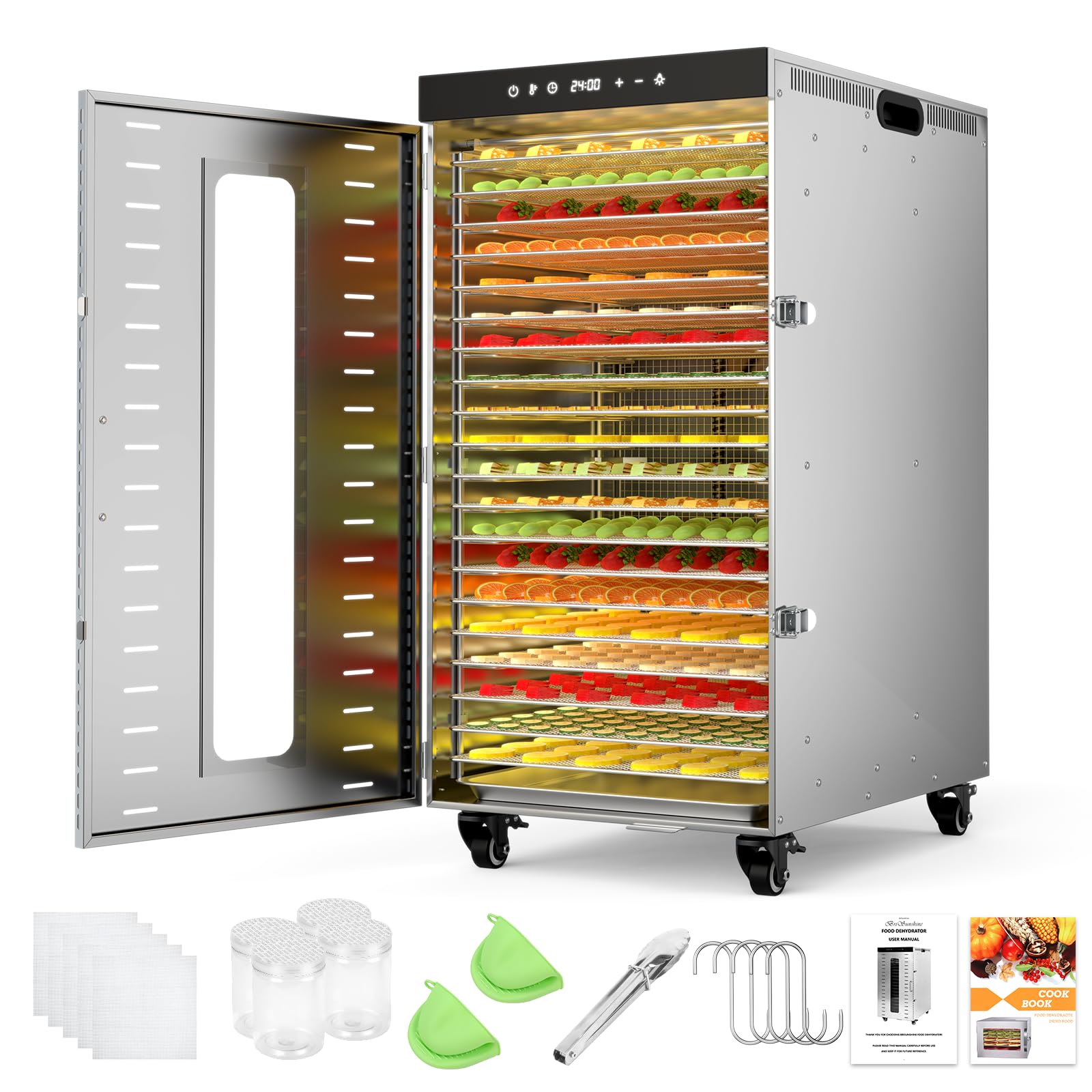 BriSunshine Commercial Dehydrator, 20-Layer Food Dehydrator with LED Light, 1600W, 24H Timer, Large Food Dryer Dehydrated for Homemade Jerky, Fruits, Dog Treats, Vegetables, Herbs, and Snacks