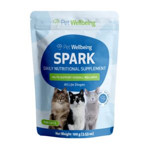 pet wellbeing spark daily nutritional greens superfood for cats - probiotics, prebiotics, digestive enzymes, amino acids, antioxidants, vitamin d, spirulina - veterinarian-formulated 3.53 oz (100 g)