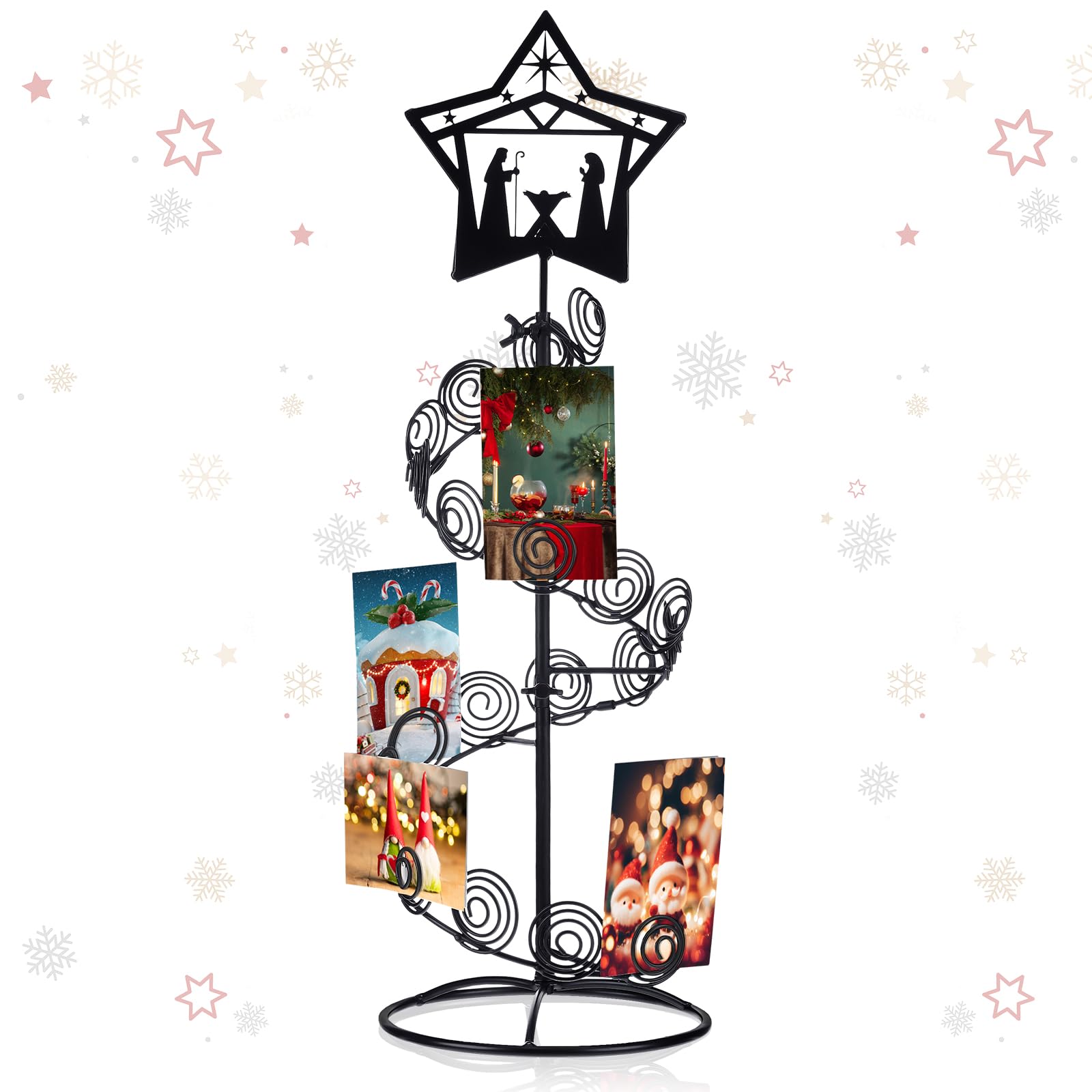 Cinnvoice 19.6" H Christmas Tree Card Holder Tabletop Display Nativity Decorative Black Metal Spiral Tree Gift Card Photo Holder Xmas Picture Holder Stand for Christmas Party Table Decor