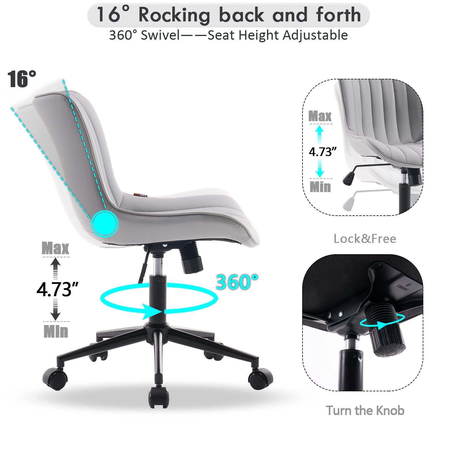 YOUNIKE Grey Ergonomic Home Office Desk Chair with Wheels Comfy Armless Criss Cross Chair with Adjustable Back Modern Leather Upholstered Swivel Vanity Chair Small Cute Rolling Task Chair for Women