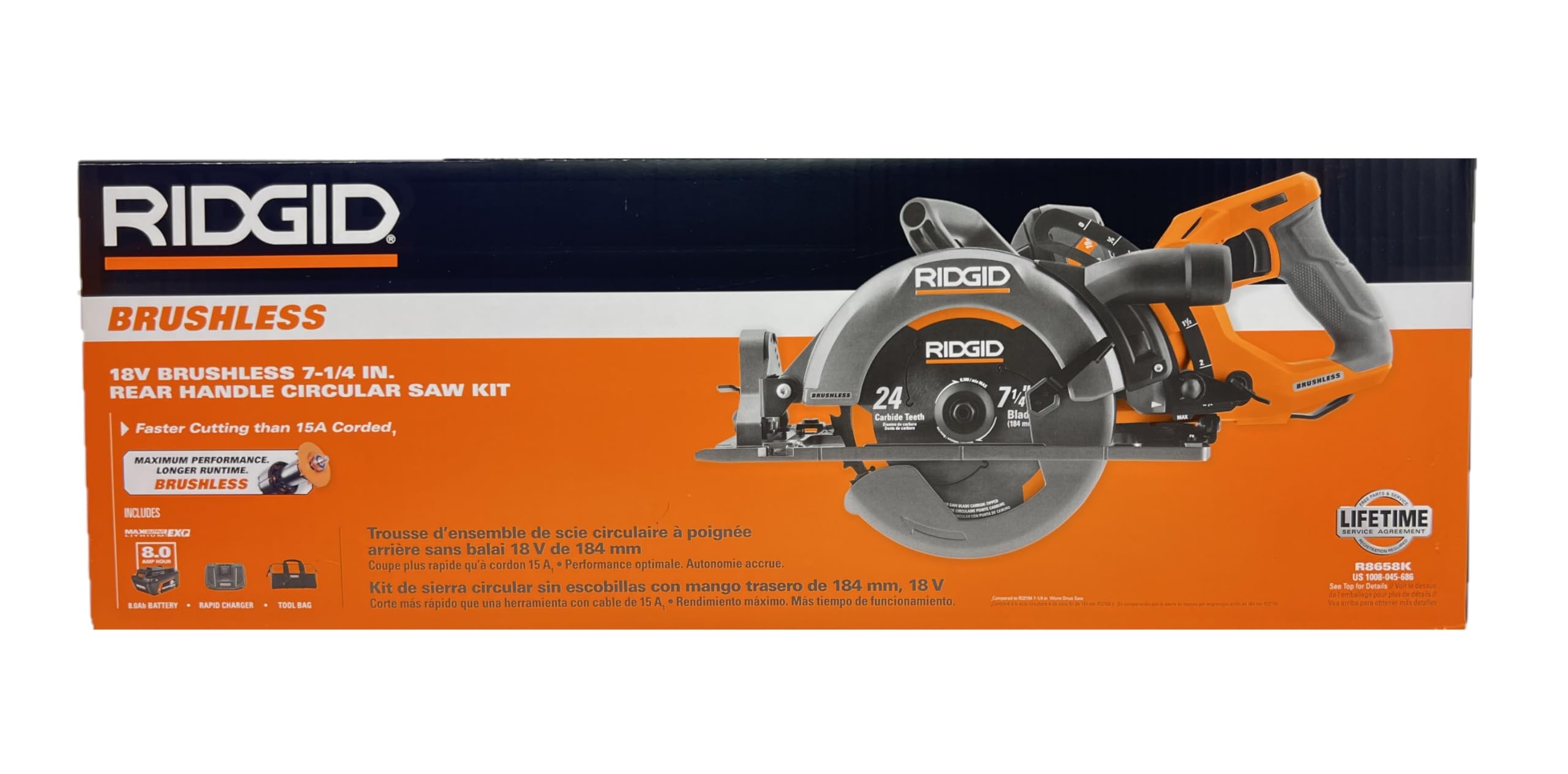 RIDGID 18V Brushless Cordless 7-1/4 in. Rear Handle Circular Saw Kit with MAX Output Battery and 18V Charger (Bulk Packaged), R8658