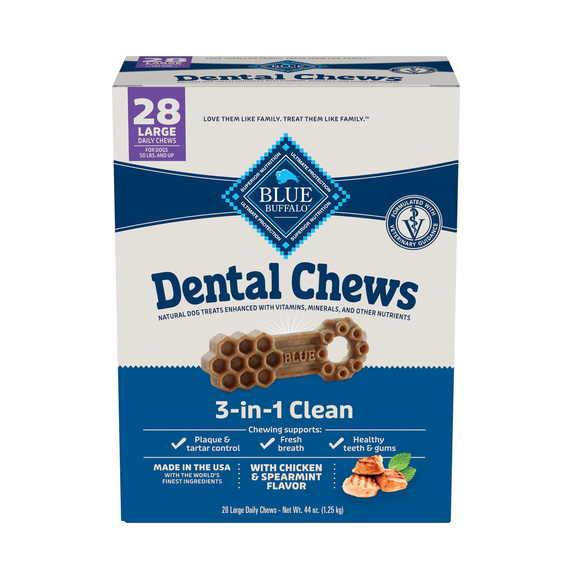 Blue Buffalo Large Dental Chews for Dogs, Daily Dental Care Dog Treats Made in The USA with Natural Ingredients, Chicken & Spearmint (44-oz. Box, 28 Count)