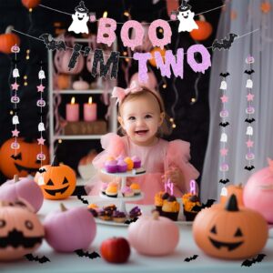 Fiesec Boo I’m Two Decor Birthday Girl, Two Spooky Birthday Decorations Girl, Halloween 2nd Birthday Theme Pink Purple Balloon Garland Arch Kit Banner Cake Topper Ghost Bat