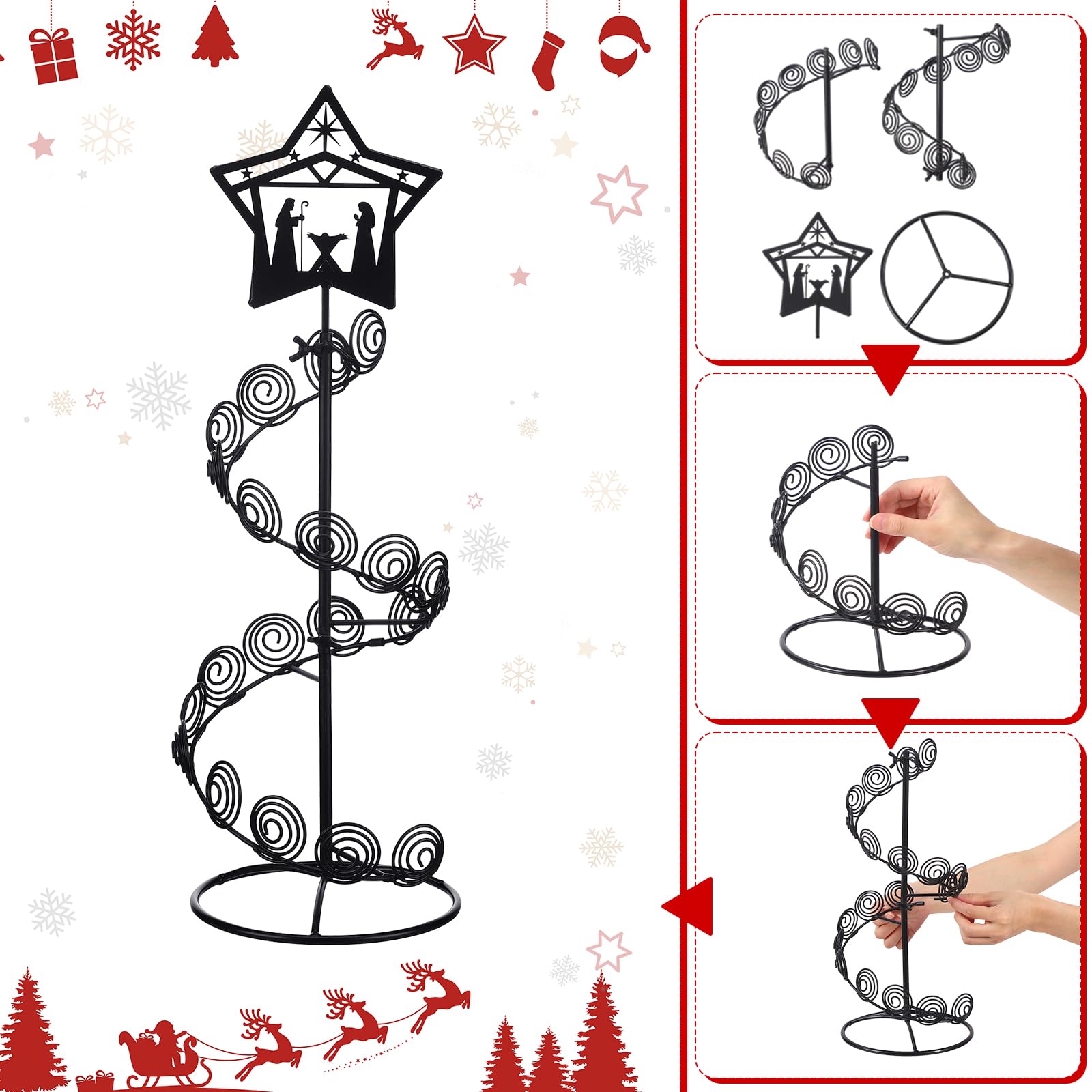 Cinnvoice 19.6" H Christmas Tree Card Holder Tabletop Display Nativity Decorative Black Metal Spiral Tree Gift Card Photo Holder Xmas Picture Holder Stand for Christmas Party Table Decor