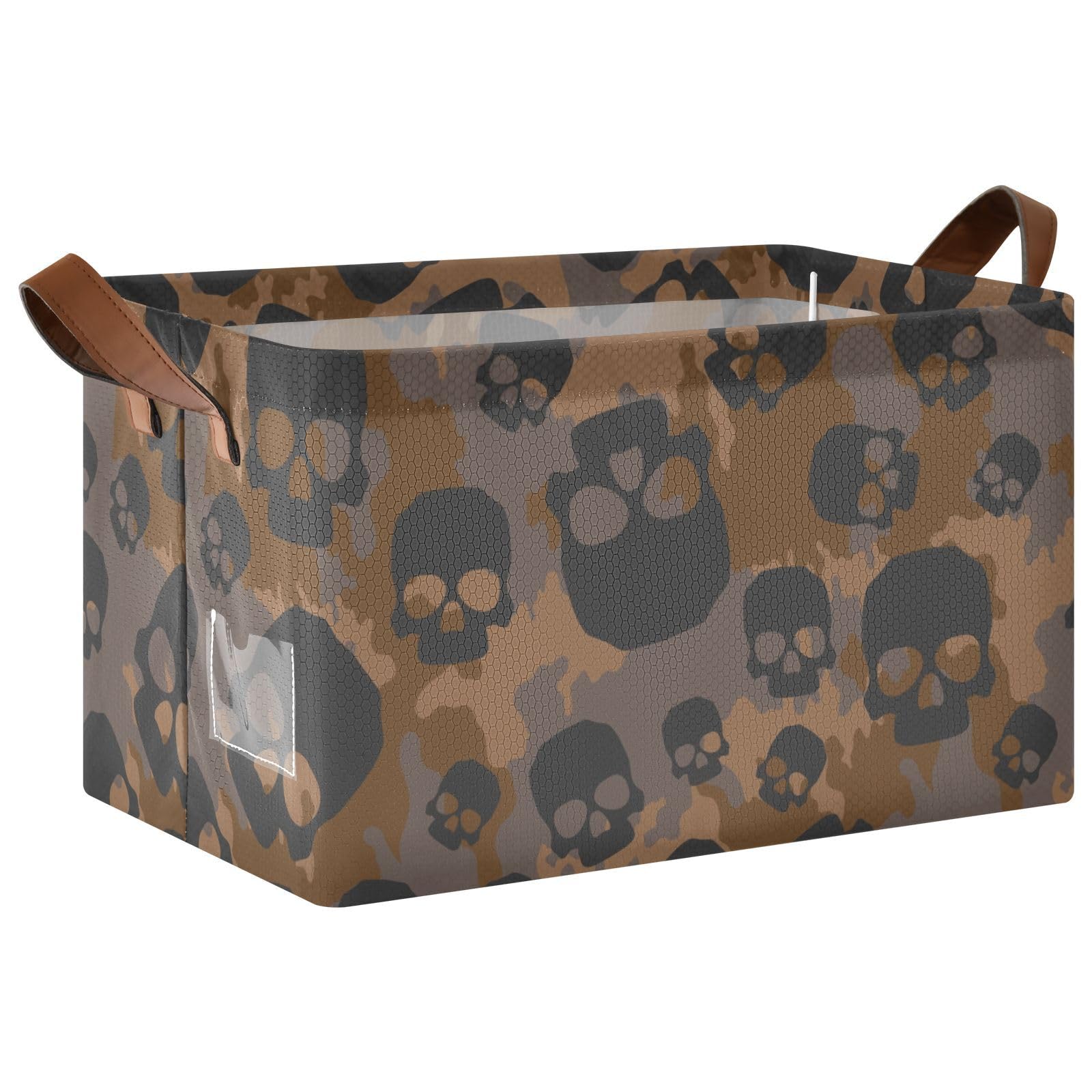 Skulls Camouflage Halloween Storage Bins for Shelves Waterproof Closet Storage Organizer with Leather Handles Foldable Storage Baskets Box for Organization Clothes Blankets 16.9x11.4x10 Inch