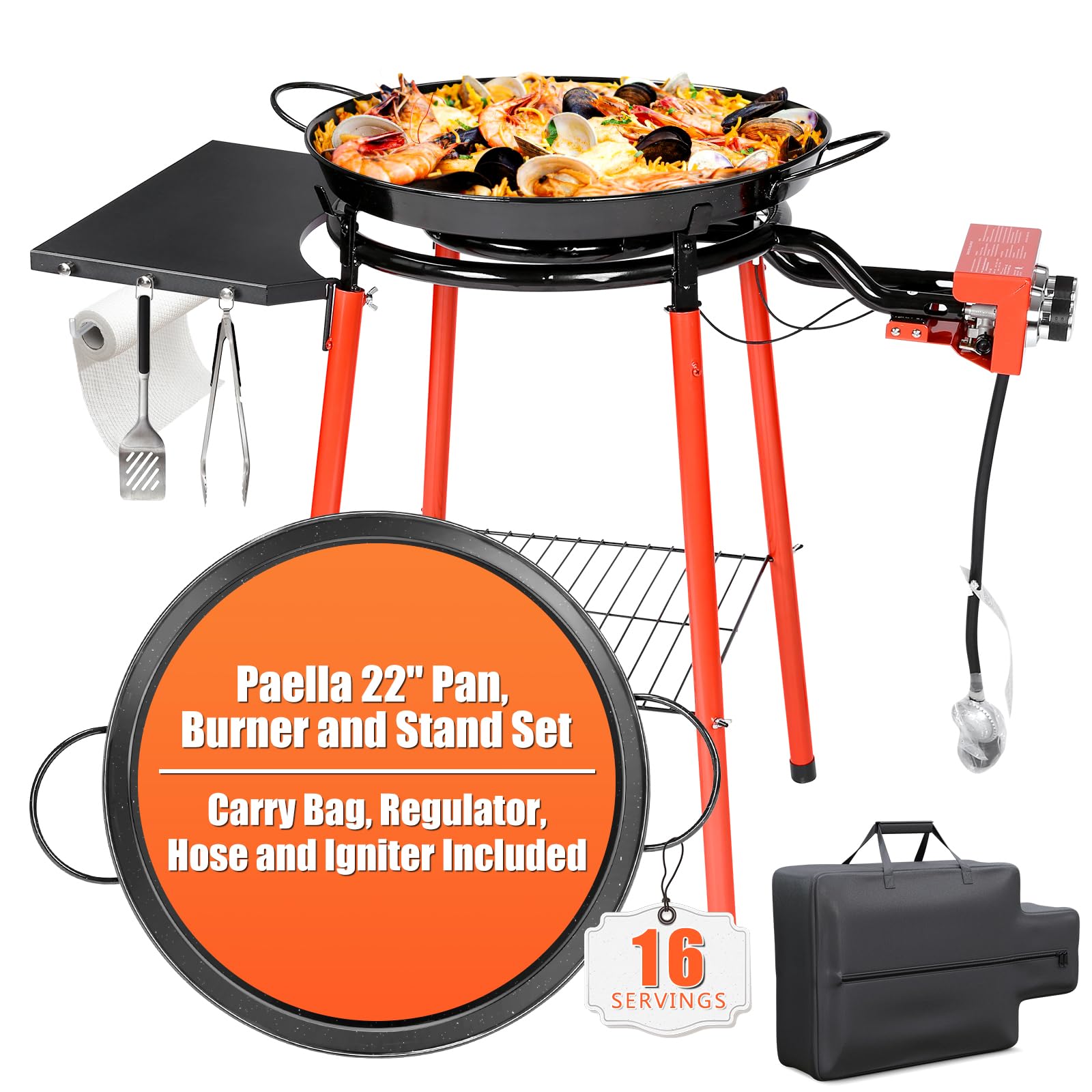 QuliMetal Paella Pan Burner & Stand Set, 22 Inch Enameled Paella Pan, Built-In Ignitor, Regulator Hose, Carry Bag, Durable Legs & Side Shelf, Ideal for Camping, Backyard & Patio Cooking, 16 Servings