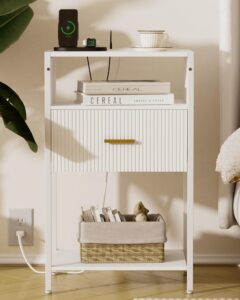 veegle white nightstand with charging station, fluted side table with drawer, modern bedside table with open shelves for living room, bedroom