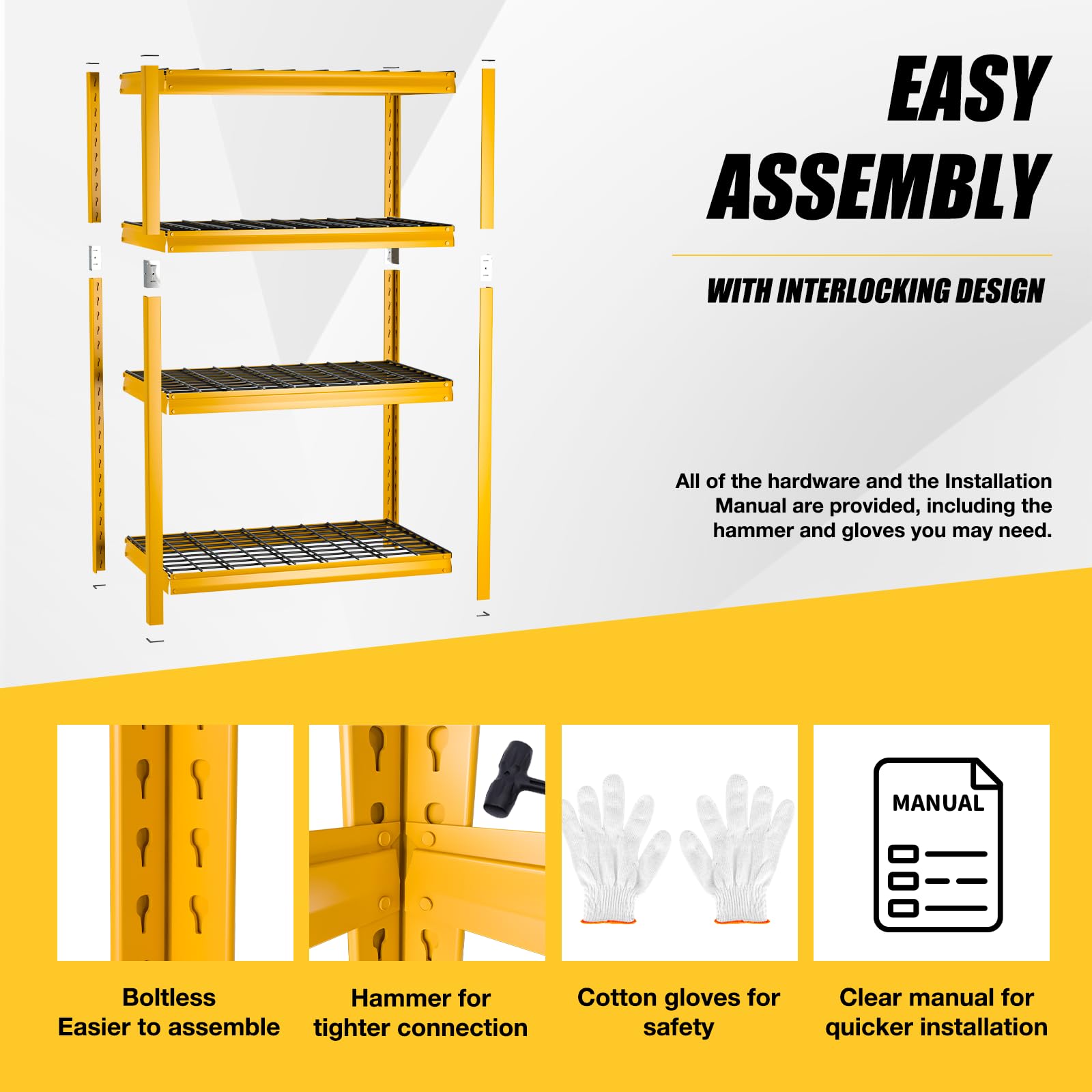 TRISENSE 40" W Garage Shelving Heavy Duty Storage Shelves Load 2400LBS Heavy Duty Shelving Adjustable 4 Tier Wire Metal Shelves for Storage Rack Pantry Shelf Industrial Shelving, Yellow