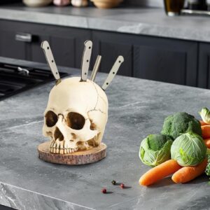 WALSIO Life Size Skull Knife Holder Resin Skull Shaped Knife Block for Kitchen Indoor Desk Decorations