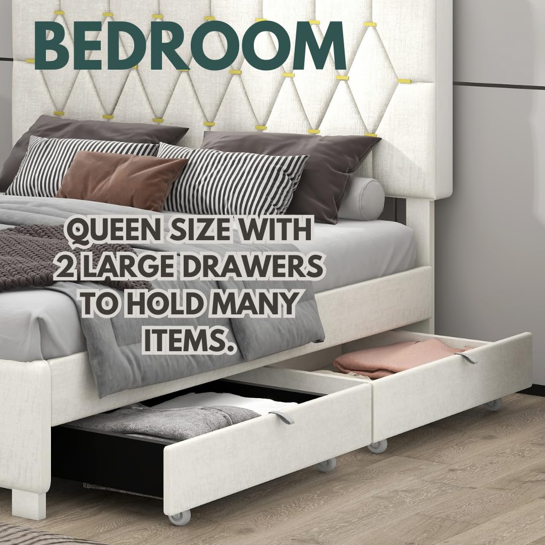 Harper & Bright Designs Beige Queen Platform Bed with Twin XL Trundle & 2 Storage Drawers, Velvet Upholstered Queen Storage Bed Frame with Headboard, No Box Spring Required