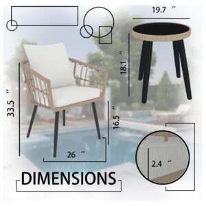 3 Pieces Patio Bistro Set All-Weather Wicker Ratan Conversation Set Outdoor Furniture Chairs w Glass Top Coffee Table and 2 Thick Cushions for Porch Backyard Lawn Poolside (White Cushion)