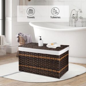 OIAHOMY Extra Large Storage Basket with Lid, 42.3 Gallon (160L) Blanket Basket with Removable Liner Bag, Wicker Basket with Handle, Foldable, Handwoven Basket for Bedroom, Living Room, Brown