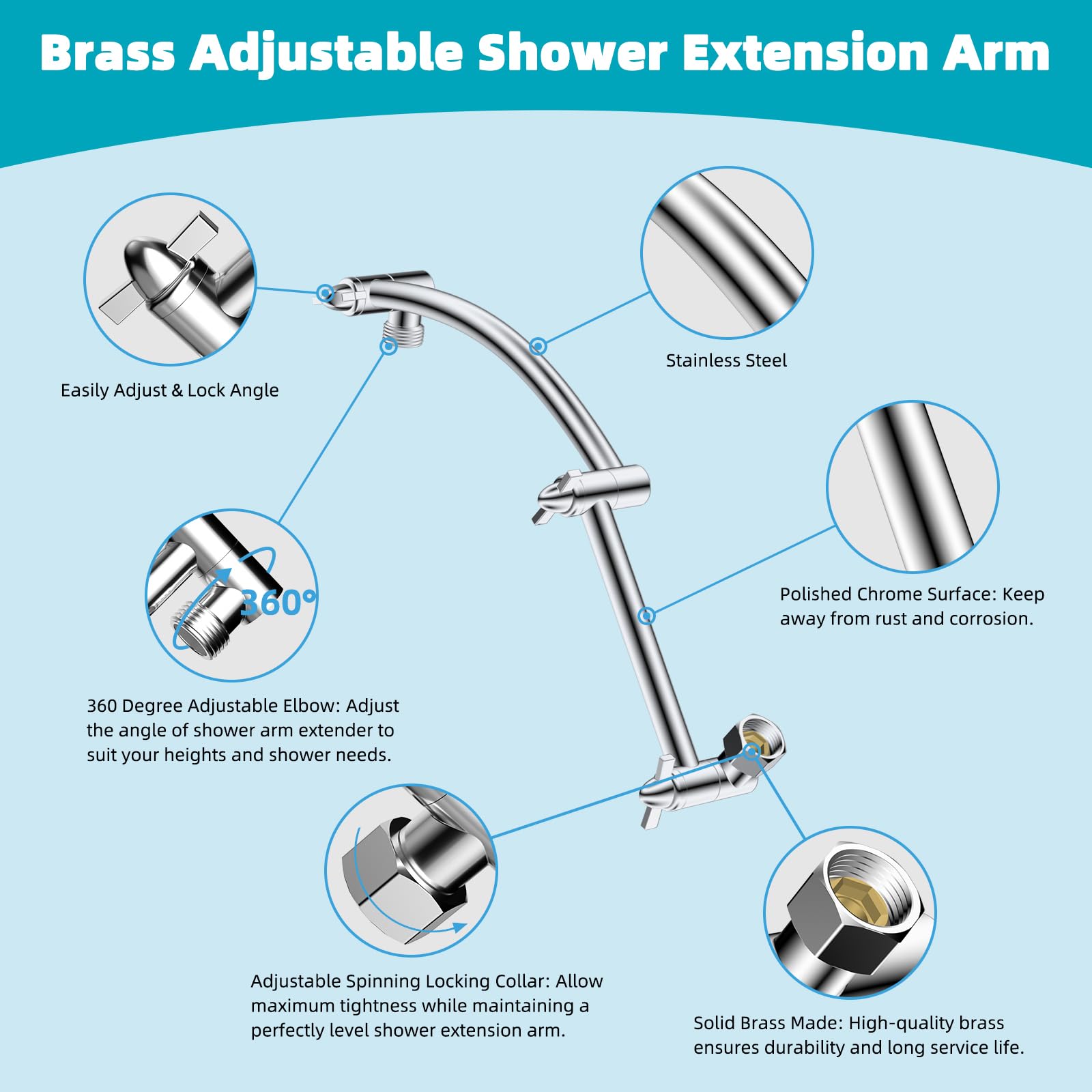 Hibbent Rain Shower Head, 13'' High Pressure Rainfall Square 5 Spray Mode Showerhead with 16" Shower Head Extension Arm, Solid Brass Adjustable Shower Arm Extender, Waterfall fixed Showerheads, Chrome