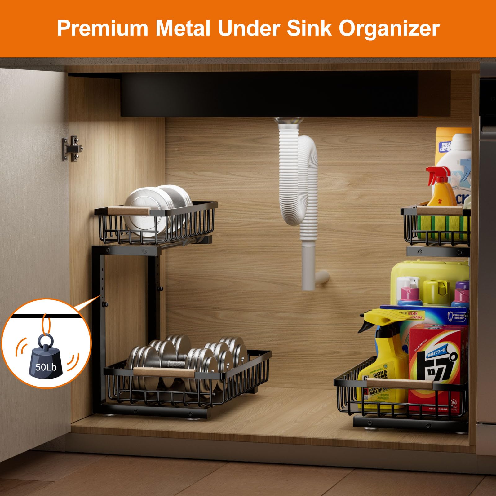 Metal Under Sink Organizer with Cabinet Light, 2 PCS Height Adjustable (10.1"-13.3") Bathroom Organizers and Storage, 2 Tier Pull Out Cabinet Organizer Drawers, Under Sink Storage Shelves for Kitchen