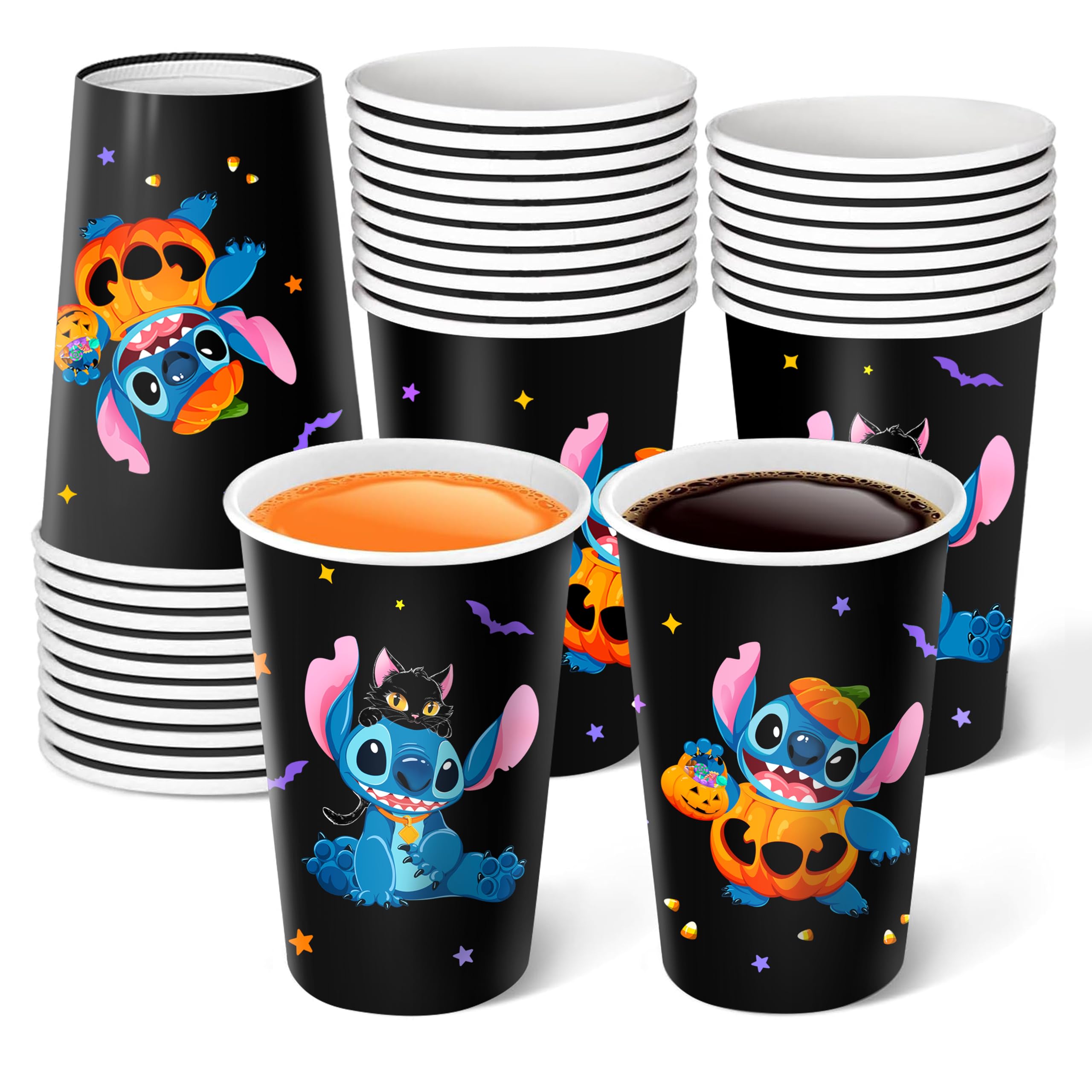 Halloween Disposable Cups for Kids Adult 30 PCS, Halloween Cartoon Pumpkin Paper Cups for Hot Cold Drinks, Pumpkin Bat Holiday Cups Spooky Halloween Party Supplies 12 OZ Black Blue Cartoon