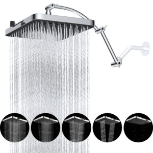 hibbent rain shower head, 13'' high pressure rainfall square 5 spray mode showerhead with 16" shower head extension arm, solid brass adjustable shower arm extender, waterfall fixed showerheads, chrome