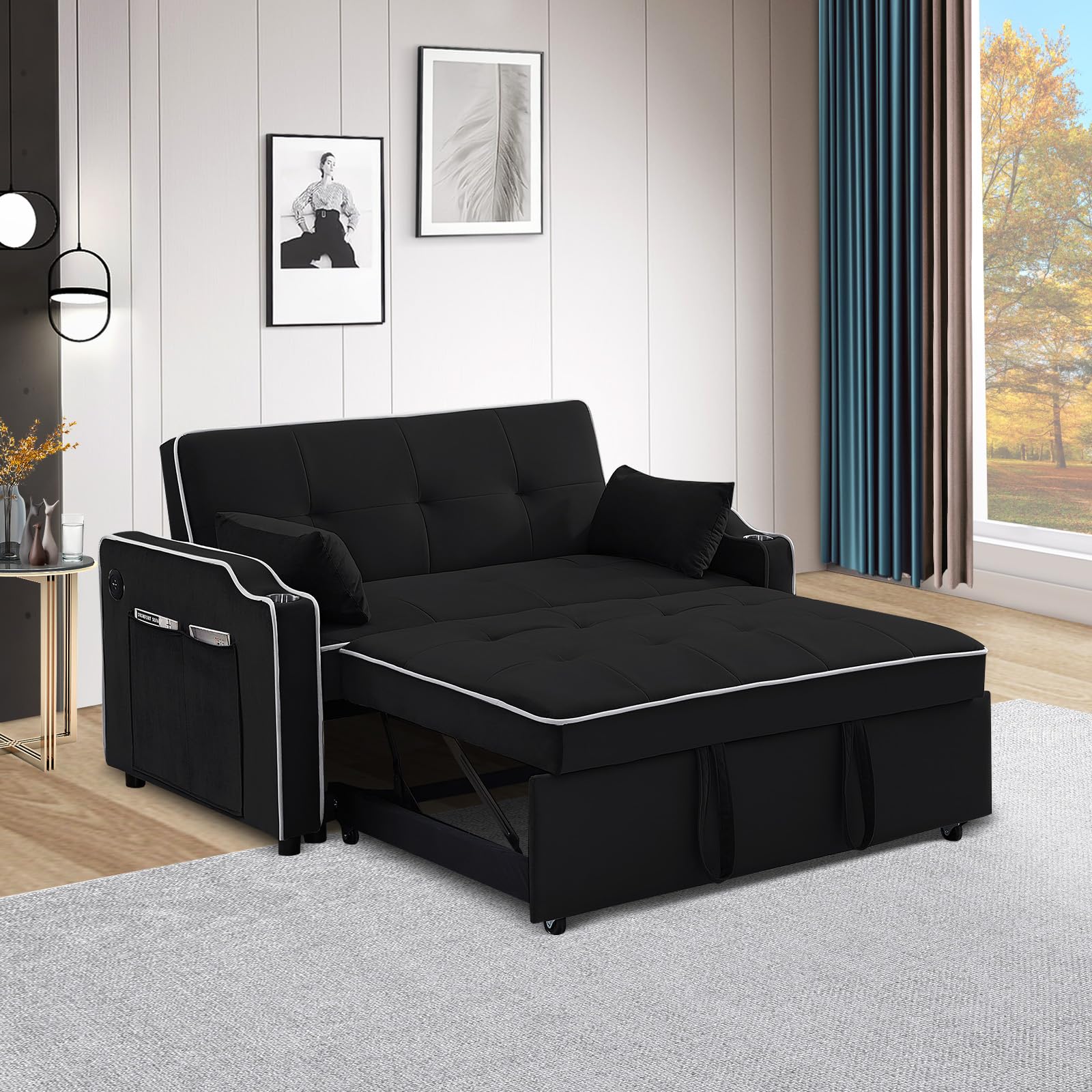 GarveeHome 3-in-1 Multi-Functional Velvet Sleeper Couch Pull-Out Bed, Loveseat Sofa Chaise Lounge with Cupholder, USB Port, Side Pocket, 2 Pillows and Adjustable Backrest, for Living Room, Black