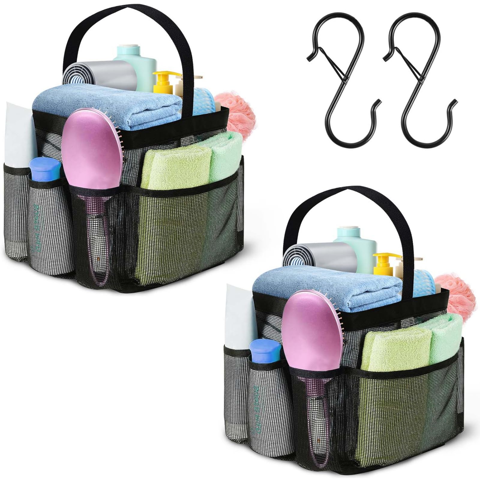 WSSROGY 2 Pack Portable Mesh Shower Caddy Tote Bag with 8 Pockets for Camping, Swimming, Gym, Bathroom, Dorm (Black)