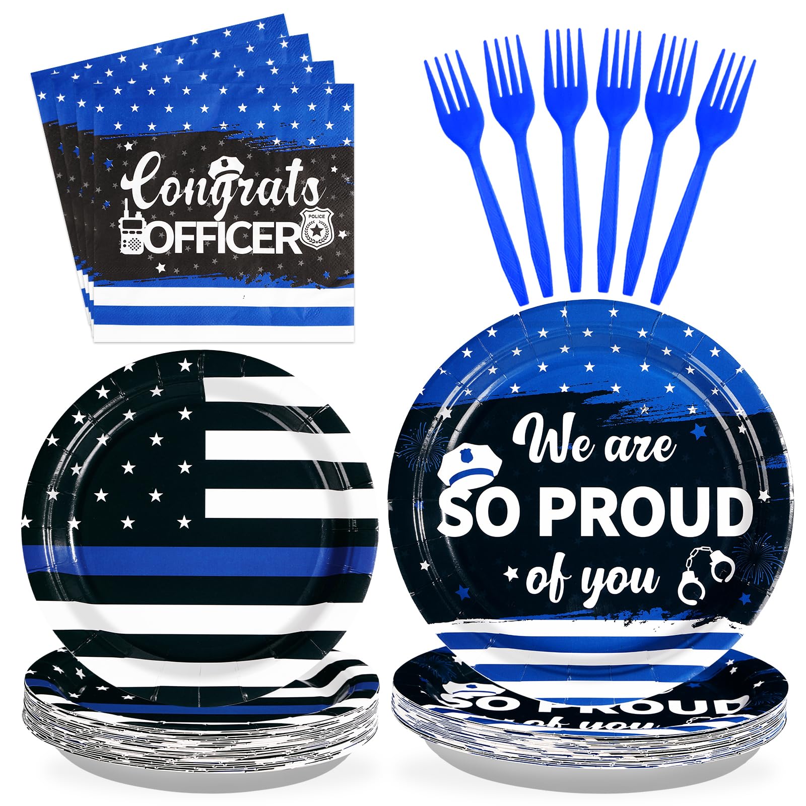 96Pcs Police Party Supplies 350 GSM We Are So Proud Of You Police Theme Plates and Napkins Congrats Officer Party Decorations for Police Retirement Academy Graduation Cops Promotion Party,Serves 24