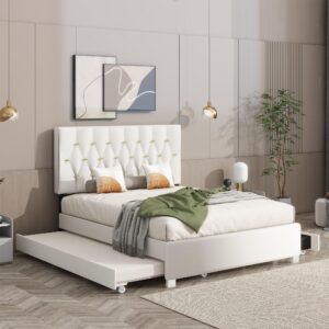 Harper & Bright Designs Beige Queen Platform Bed with Twin XL Trundle & 2 Storage Drawers, Velvet Upholstered Queen Storage Bed Frame with Headboard, No Box Spring Required