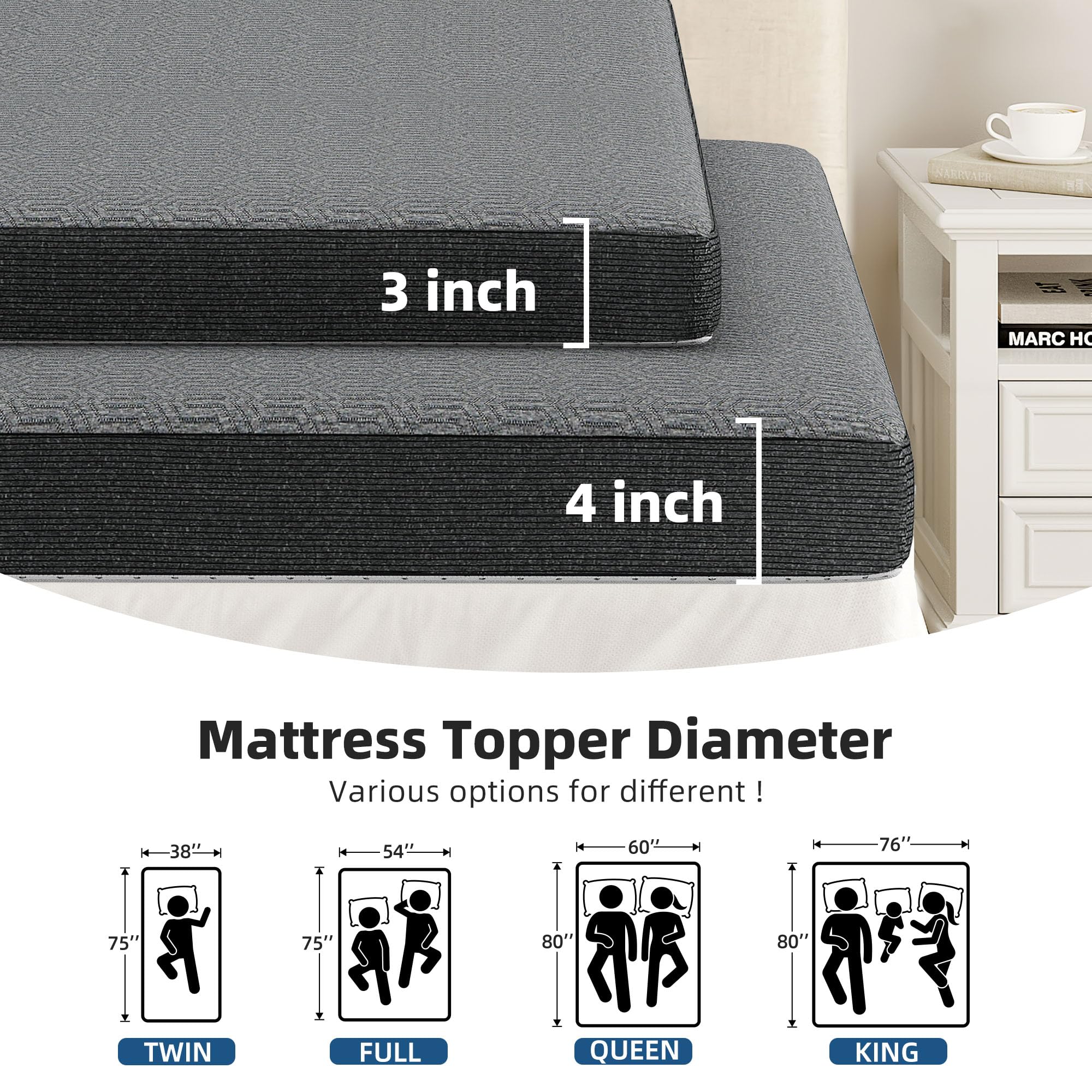 DWVO 3 Inch Memory Foam Mattress Topper Twin - Cooling Gel Memory Foam with Removable & Washable Cover - Mattress Pads for Pressure Relief Back Pain/Sofa/RV/Camper-CertiPur Certified