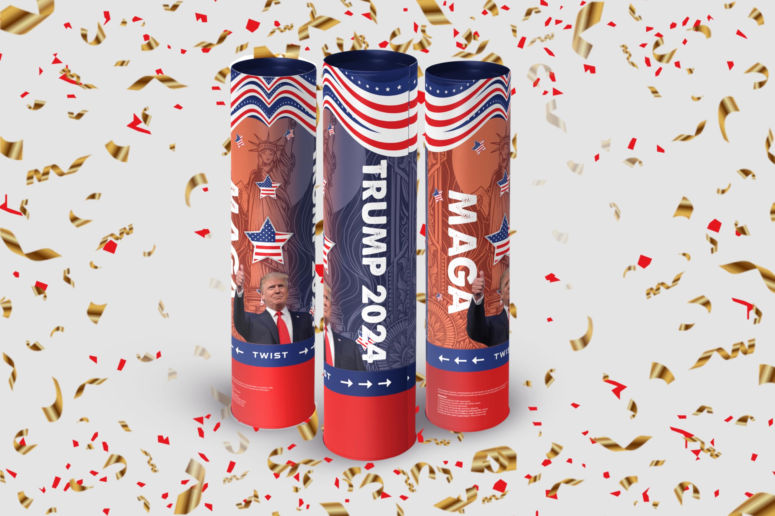 Donald Trump Confetti Cannon, 3-Pack, Metallic Gold and Red, MAGA Party Popper Shooter for 2024 Victory Celebration, Patriotic Events USA Decoration, BOOM 20+ ft Range