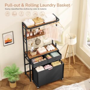 TEENFON Laundry Sorter, Rolling Laundry Hamper with 3 Section Pull-Out Bags, Laundry Basket Organizer with 2 Drawers, Laundry Hamper with Shelves and 8 Hooks for Laundry Room, Bathroom, Bedroom