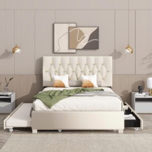 harper & bright designs beige queen platform bed with twin xl trundle & 2 storage drawers, velvet upholstered queen storage bed frame with headboard, no box spring required