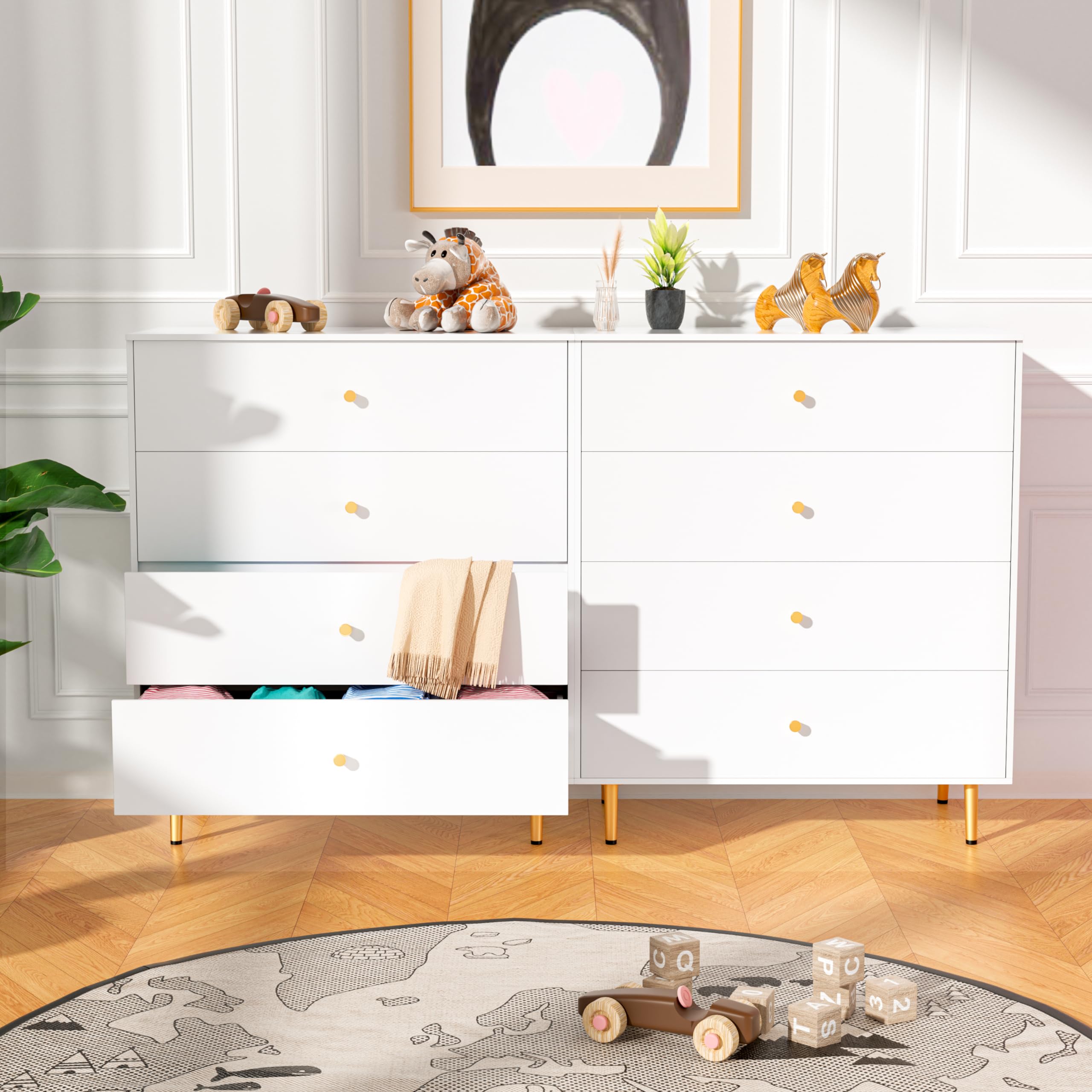 Greenvelly White 4 Drawer Dresser, 44” Tall Modern Dressers with Golden Metal Legs, White Dressers with 4 Drawers, Wood Storage Chest of Drawers for Bedroom, Living Room