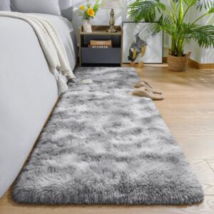 arogan 2x6 feet soft runner rugs for bedroom plush fluffy rug, shag furry area rug carpet non shedding for nursery children kids girls room home hallways decorative, grey and white