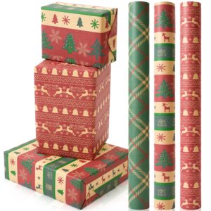 vintage christmas wrapping paper mini roll 17 inch x 120 inch 3 different christmas rolls, grid, christmas tree, deer and dell print wrapping paper for kids gift wrapping, christmas family party, christmas tree decorations