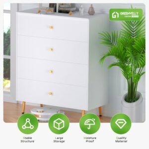 Greenvelly White 4 Drawer Dresser, 44” Tall Modern Dressers with Golden Metal Legs, White Dressers with 4 Drawers, Wood Storage Chest of Drawers for Bedroom, Living Room