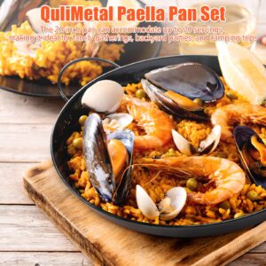 QuliMetal Paella Pan Burner & Stand Set, 22 Inch Enameled Paella Pan, Built-In Ignitor, Regulator Hose, Carry Bag, Durable Legs & Side Shelf, Ideal for Camping, Backyard & Patio Cooking, 16 Servings