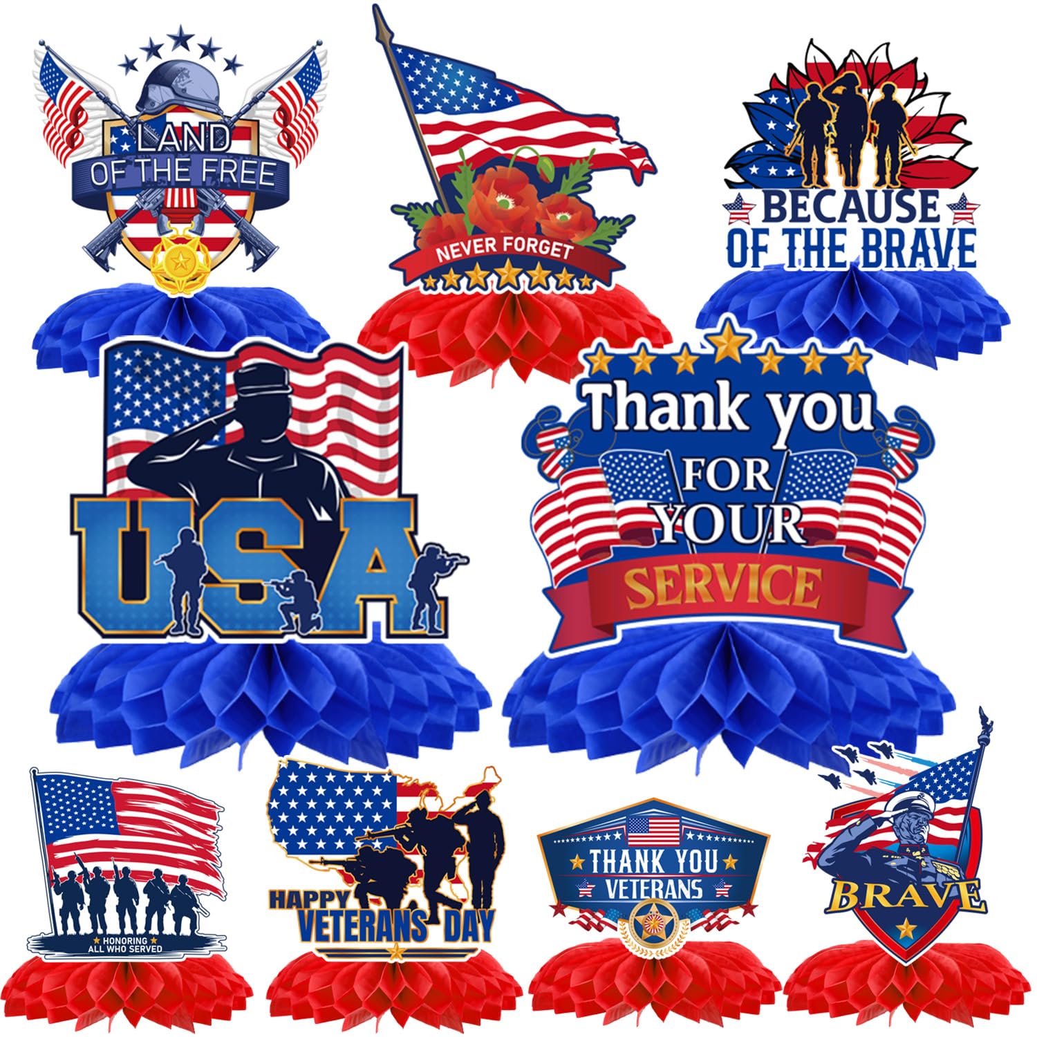 Gameza Veterans Day Party Decorations - 9PCS Veterans Day Decorations Thank You Veterans Honeycomb Centerpieces Table Decor Happy Veterans Day Patriotic Decorations Memorial Day Theme Party Supplies