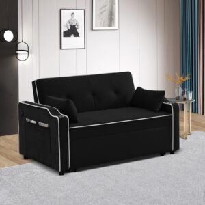 GarveeHome 3-in-1 Multi-Functional Velvet Sleeper Couch Pull-Out Bed, Loveseat Sofa Chaise Lounge with Cupholder, USB Port, Side Pocket, 2 Pillows and Adjustable Backrest, for Living Room, Black