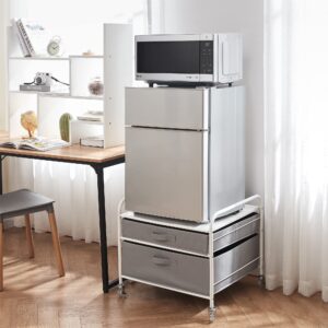 dormco mini-fridge stand on wheels - supreme organization - white metal frame with gray drawers