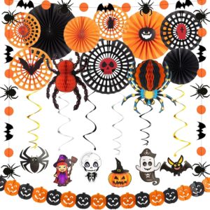 halloween hanging paper fans decorations, orange and black halloween decor.paper spider honeycomb, hanging swirls decorations, bat pumpkin spider paper garland for wall window halloween decorations.