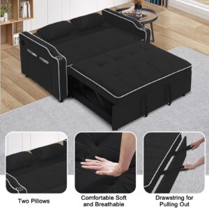 GarveeHome 3-in-1 Multi-Functional Velvet Sleeper Couch Pull-Out Bed, Loveseat Sofa Chaise Lounge with Cupholder, USB Port, Side Pocket, 2 Pillows and Adjustable Backrest, for Living Room, Black