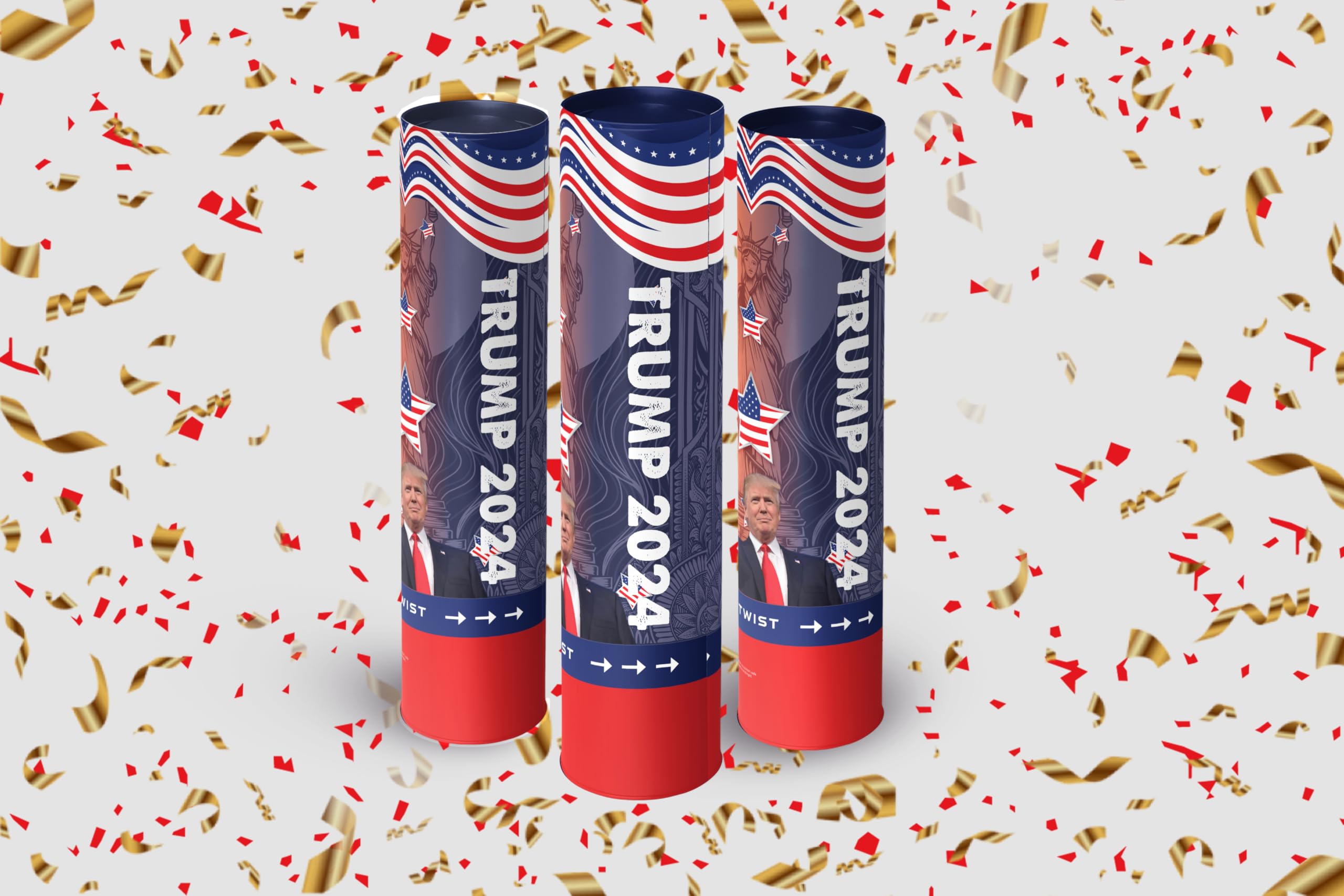 Donald Trump Confetti Cannon, 3-Pack, Metallic Gold and Red, MAGA Party Popper Shooter for 2024 Victory Celebration, Patriotic Events USA Decoration, BOOM 20+ ft Range