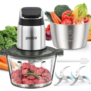 ganiza food processor, 2-speed food chopper meat grinder with 8 cup stainless steel & 8 cup glass bowls, upgraded button & smart overheat protection light - includes clean brush, 2 sets of blades