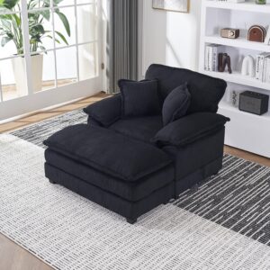 runna 56.3 inch corduroy single sofa with 2 toss pillows and a ottoman,comfy sofa- deep seat couch for living room (black~049)