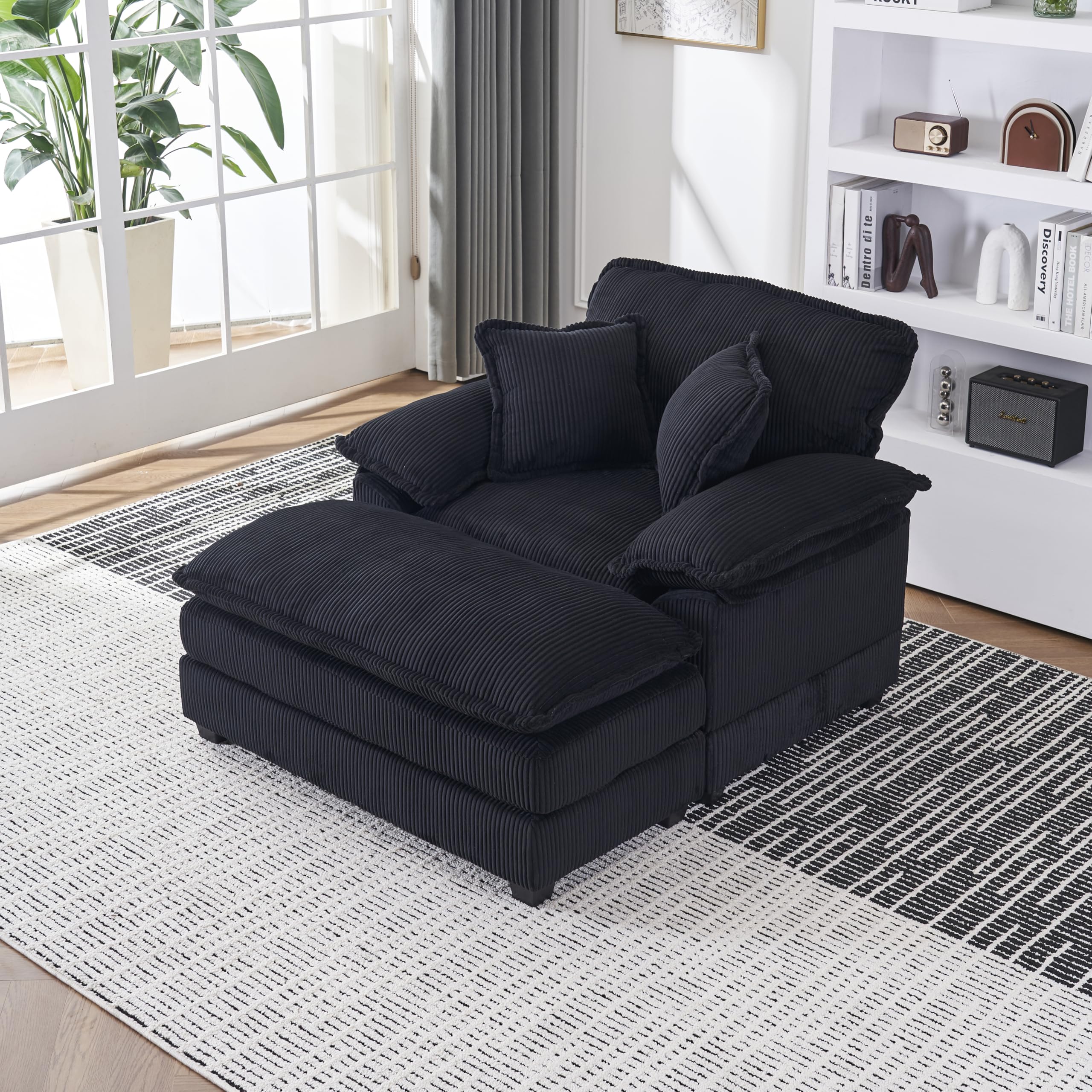 RUNNA 56.3 Inch Corduroy Single Sofa with 2 toss Pillows and a Ottoman,Comfy Sofa- Deep Seat Couch for Living Room (Black~049)