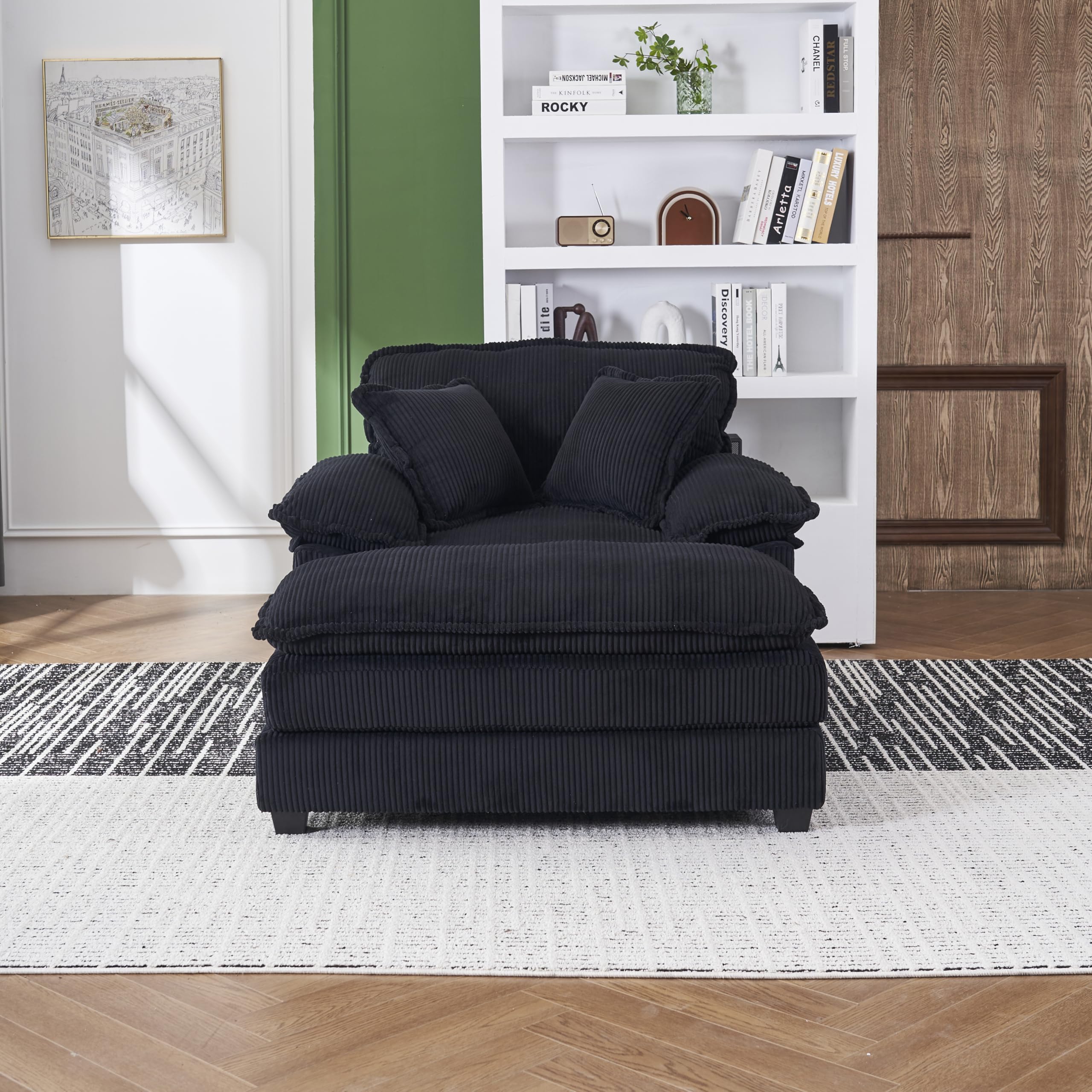 RUNNA 56.3 Inch Corduroy Single Sofa with 2 toss Pillows and a Ottoman,Comfy Sofa- Deep Seat Couch for Living Room (Black~049)