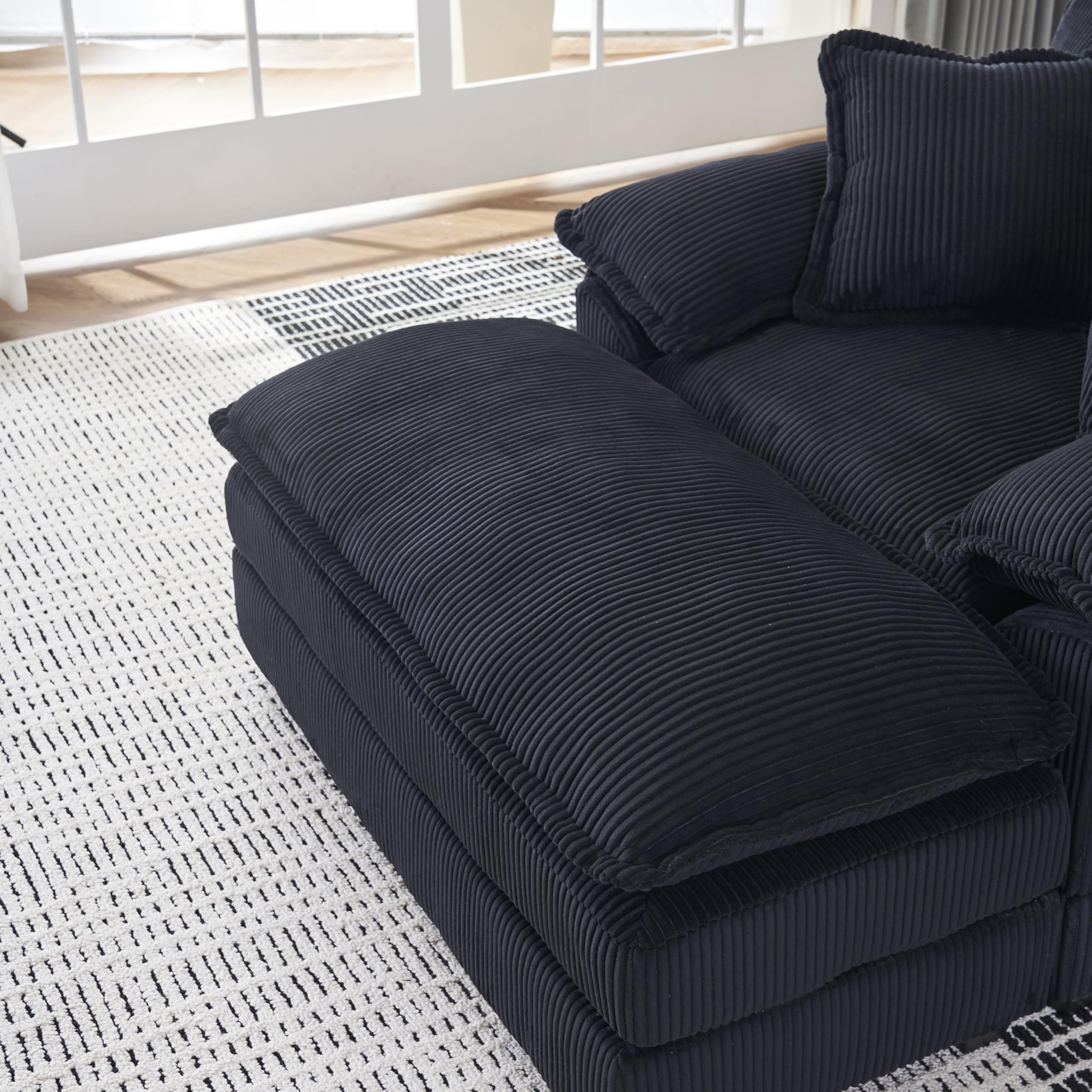 RUNNA 56.3 Inch Corduroy Single Sofa with 2 toss Pillows and a Ottoman,Comfy Sofa- Deep Seat Couch for Living Room (Black~049)