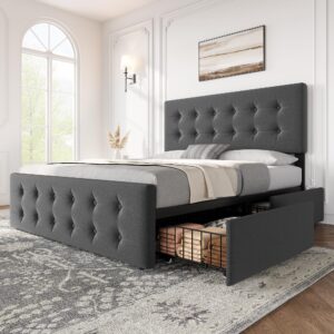 idealhouse queen size bed frame with 4 storage drawers and headboard, linen upholstered platform bed frame with wooden slats support, button tufted design, no box spring needed, dark grey